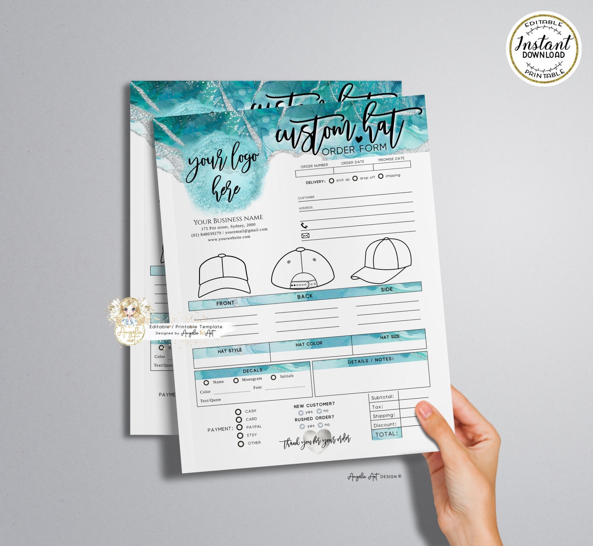 SIREN - HAT Order Form Template, Teal Silver Printable Cap Invoice Form ...