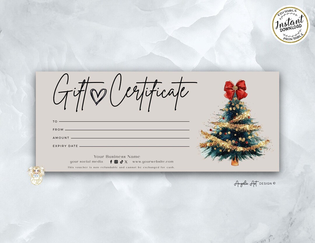 Christmas Tree Glitter Gift Certificate Template Editable Voucher Gift ...