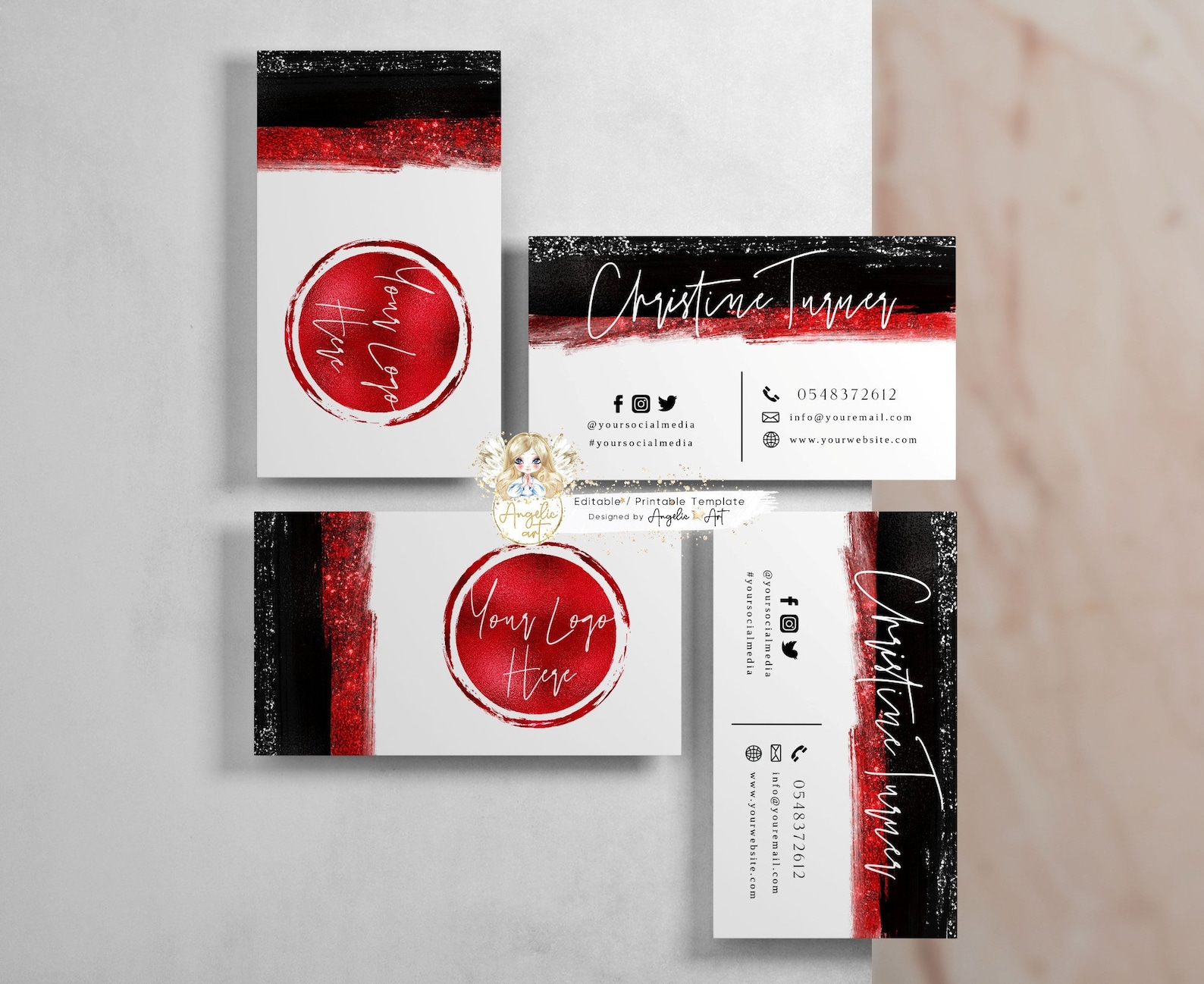 ADD Your LOGO Business Card Template Black Red Editable - Etsy
