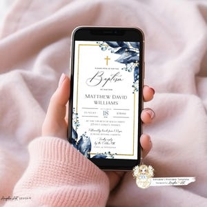 ST PETER Blue Gold Boy Baptism Evite Template Blue Leaves Boy Baptism ...