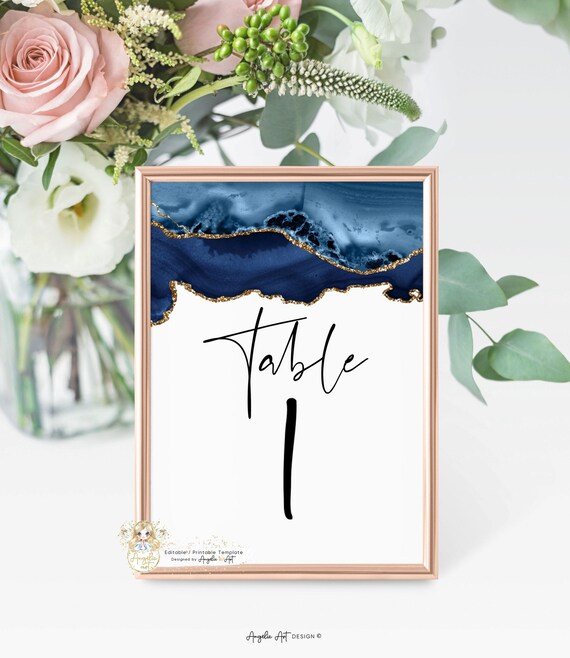 Deep Blue Gold Table Numbers Template Watercolor Table | Etsy
