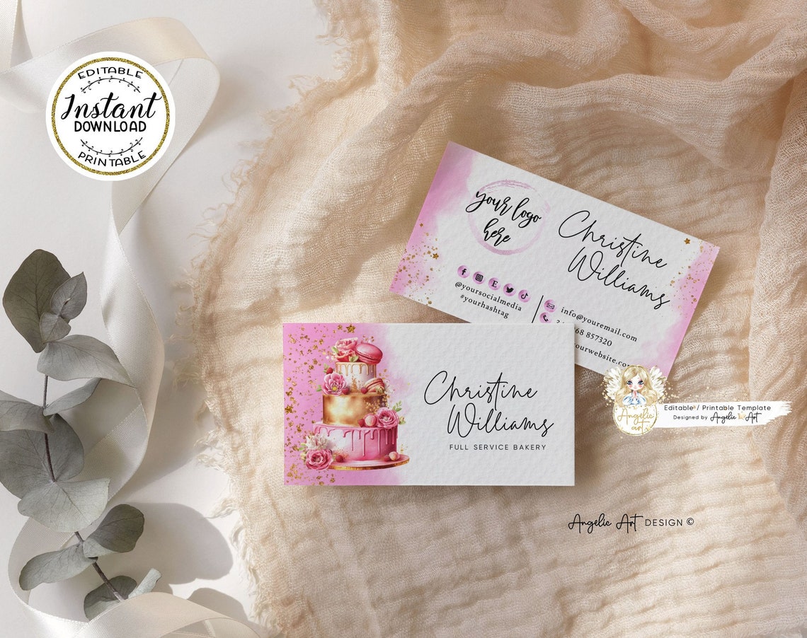 Editable Cake Bakery Business Card Template, Pink Gold Kitchen Pastry ...