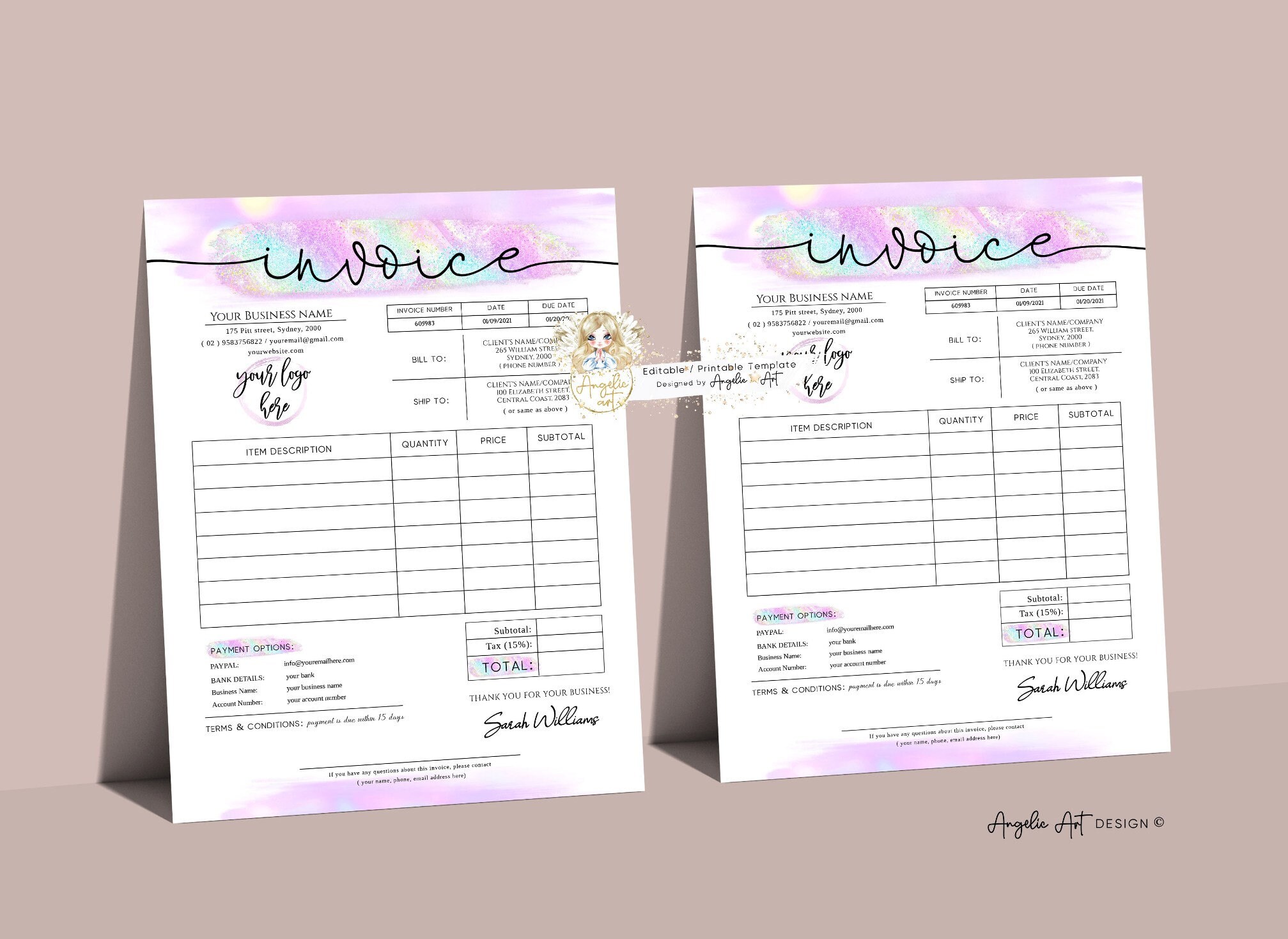 PASTEL Pink Unicorn Editable INVOICE Template Modern | Etsy