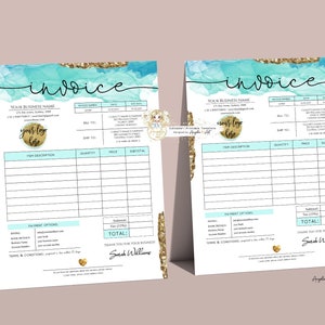 NYMPH Aqua Teal Gold INVOICE Template, EDITABLE Teal Gold Printable ...