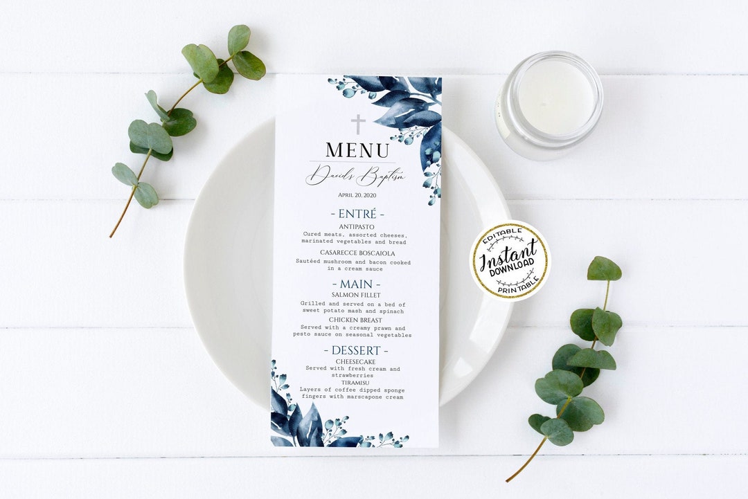 Editable Baptism Menu Template - Blue Silver Baptism Menu - Printable ...