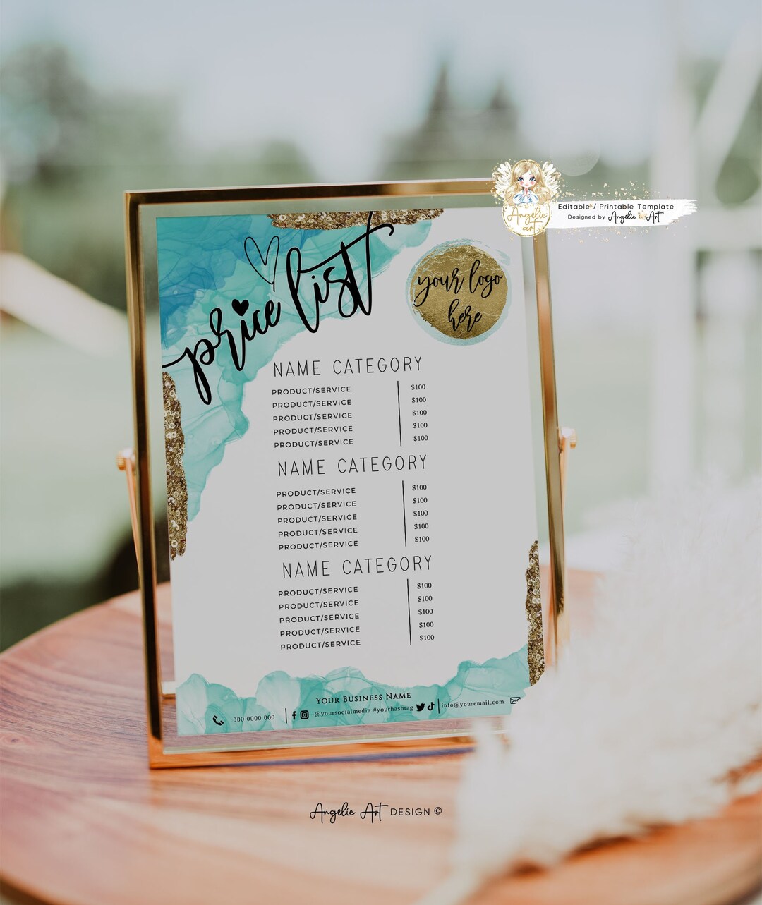 NYMPH - Editable Teal Gold Price List Template, Printable Aqua Teal ...