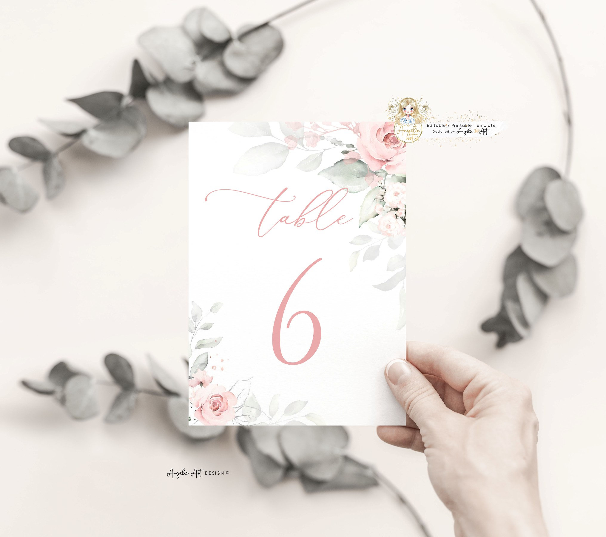 DELICATE - Blush Pink Green Table Numbers Template, Greenery Pink ...