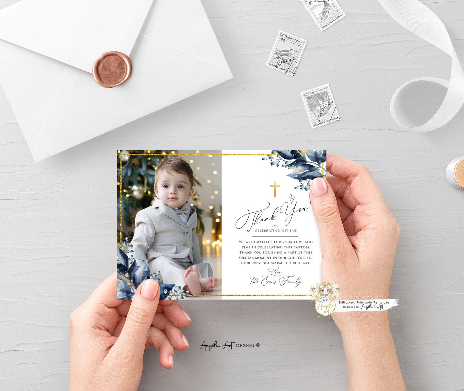 ST PETER Blue Gold Photo Baptism Thank You Card, EDITABLE Boy Baptism ...
