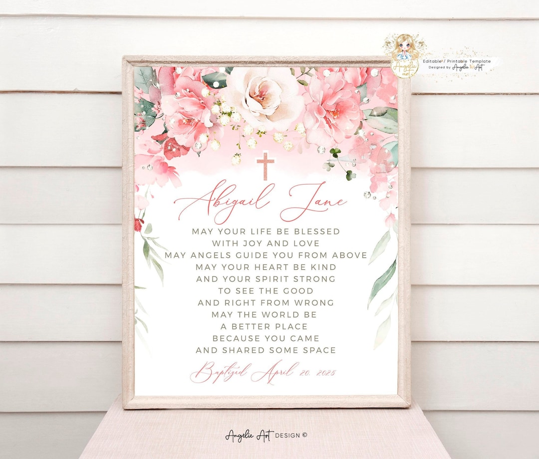 BELLE - Blush Pink Baptism Blessing Sign, Greenery Pink Silver Floral ...