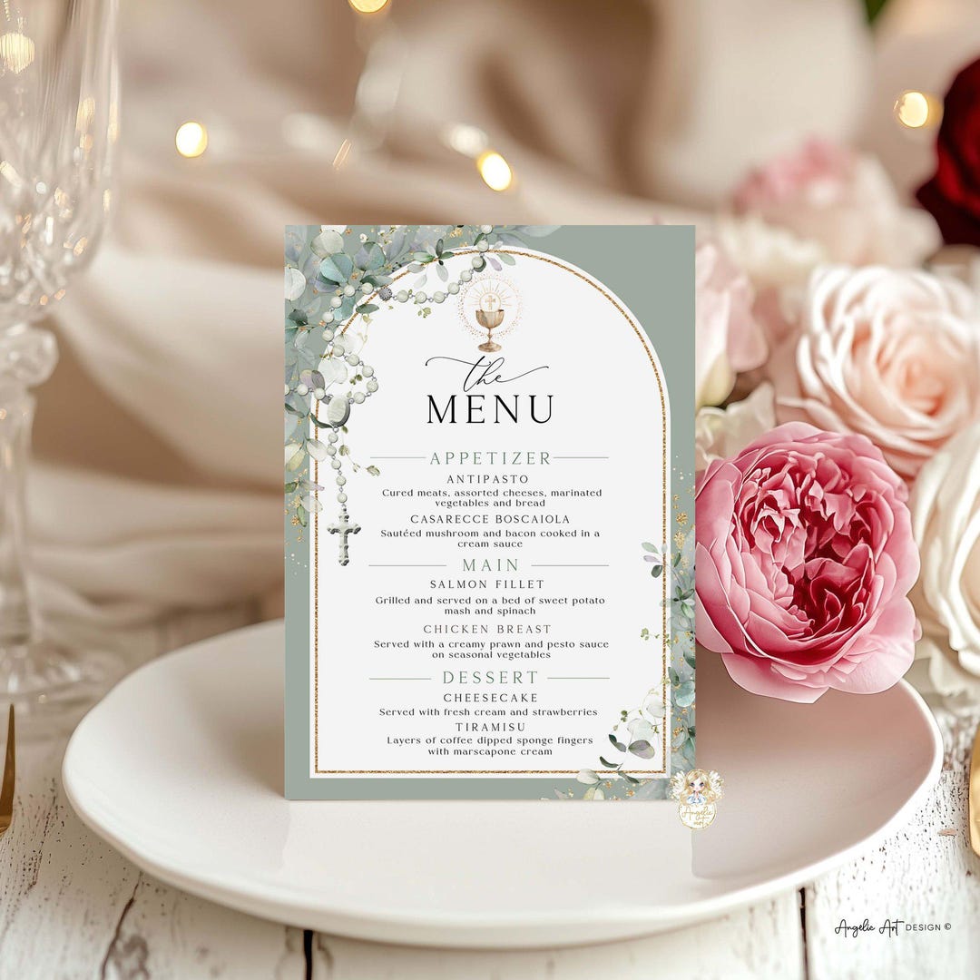 ELIJAH - Sage Green Gold First Holy Communion Menu Template Editable ...