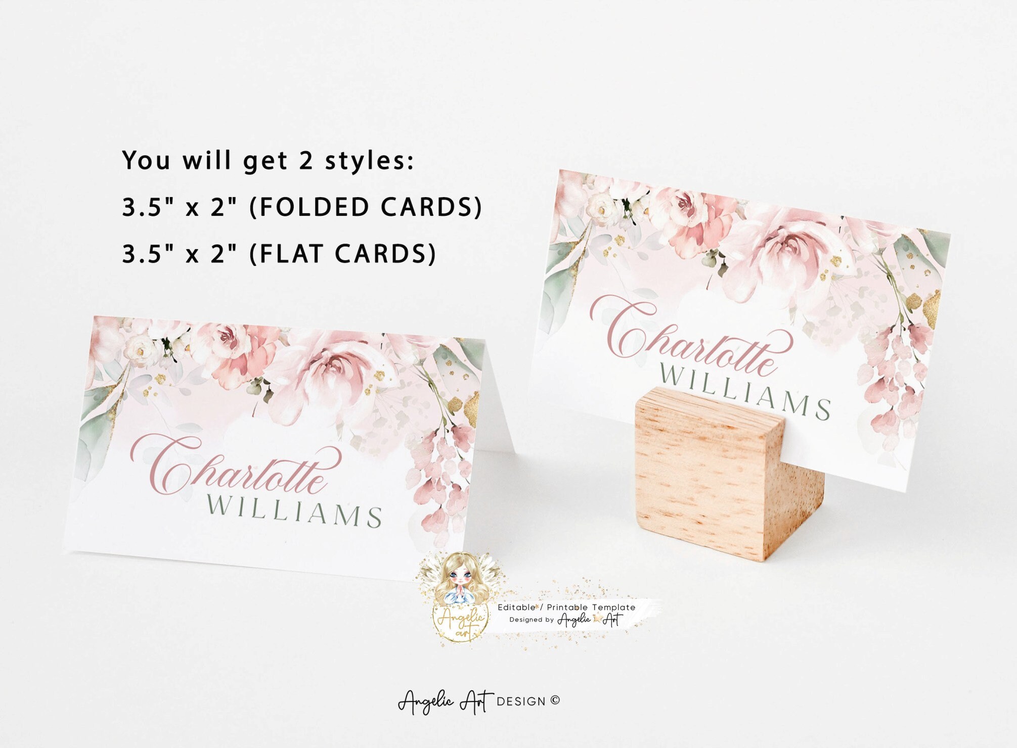 AVA Floral Pink Place Cards Templates Blush Pink Gold Green - Etsy