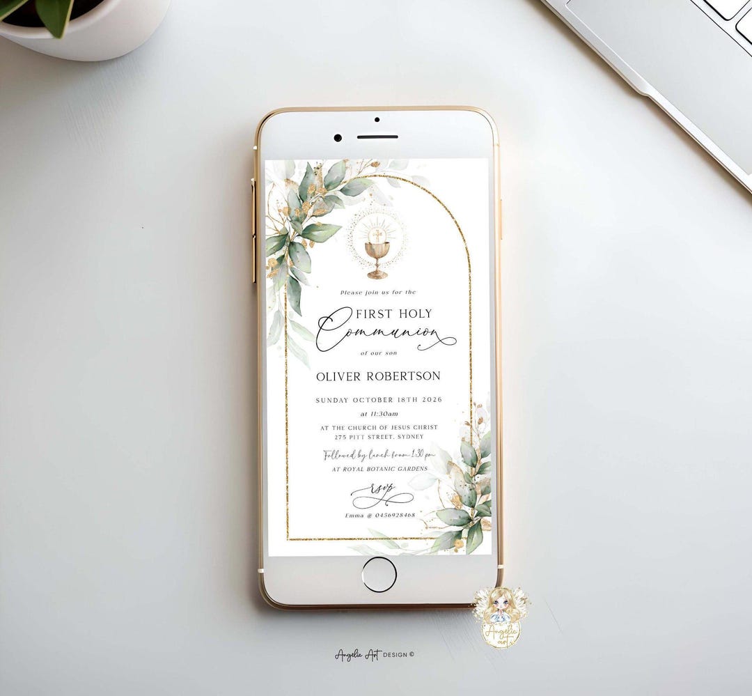 ROWAN - Greenery Gold First Communion Invitation Template Boy Girl ...