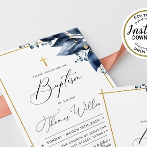 ST PETER - Blue Gold Baptism Invitation Template, Boy Baptism ...