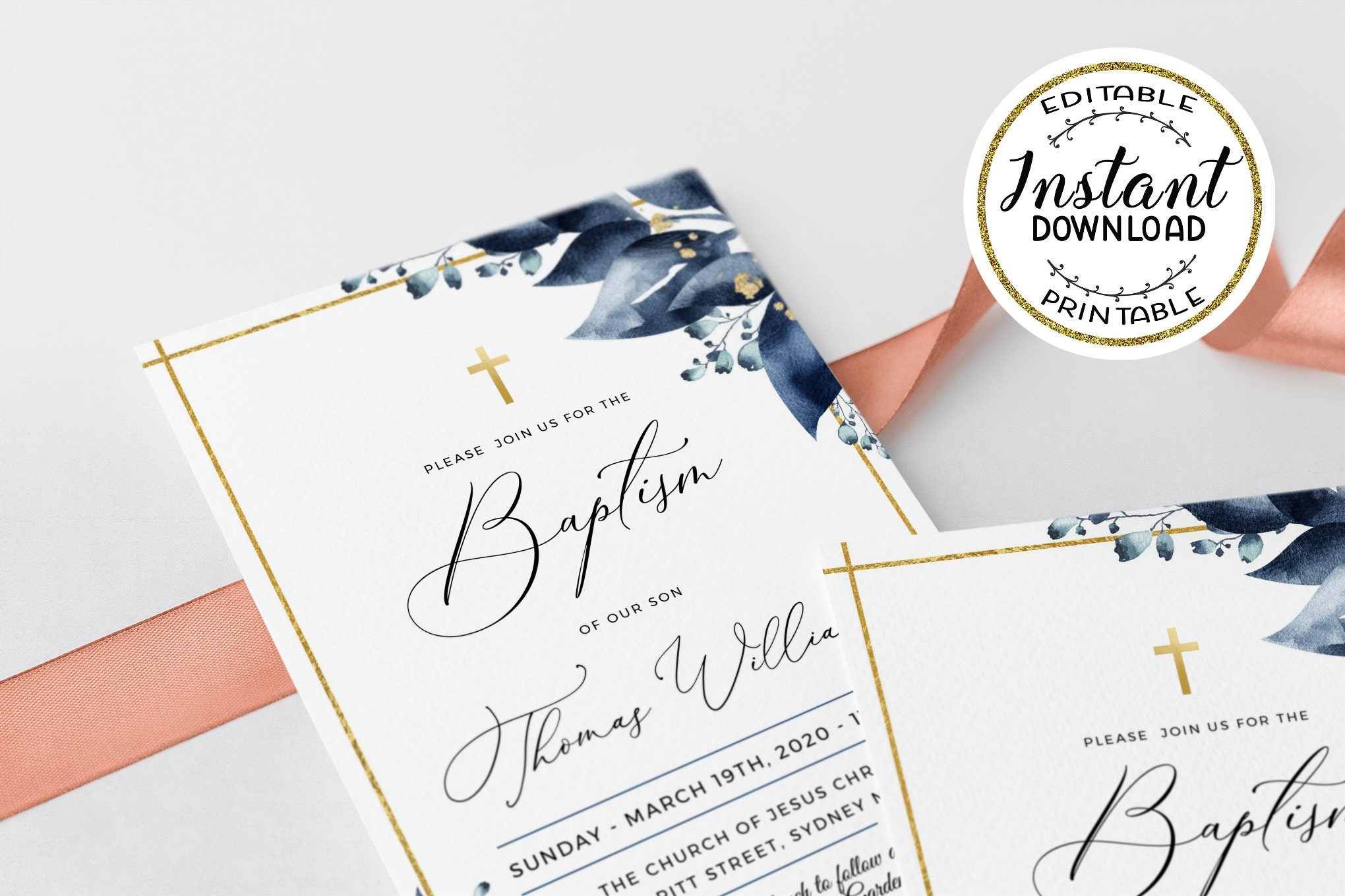 ST PETER Blue Gold Baptism Invitation Template Boy Baptism - Etsy