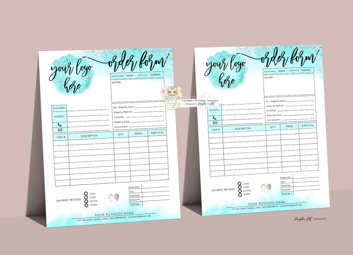 AQUA ORDER Form Template Aqua Silver Printable Invoice | Etsy