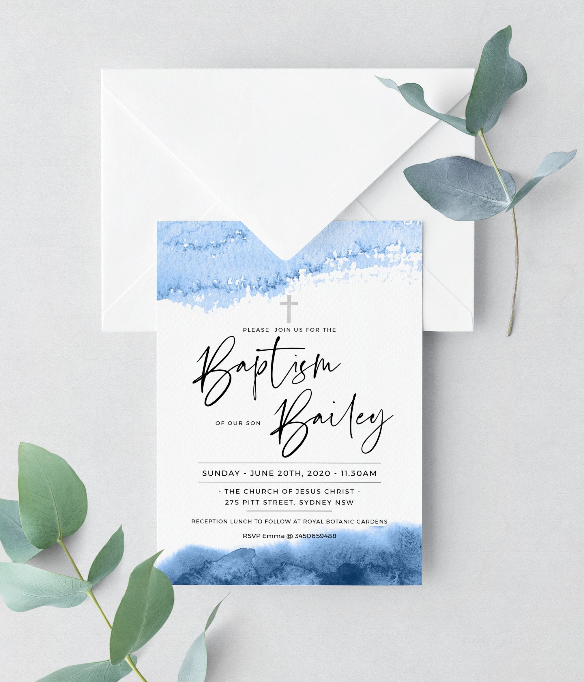 BLUE Watercolor Baptism Invitation Template NAUTICAL Boy - Etsy