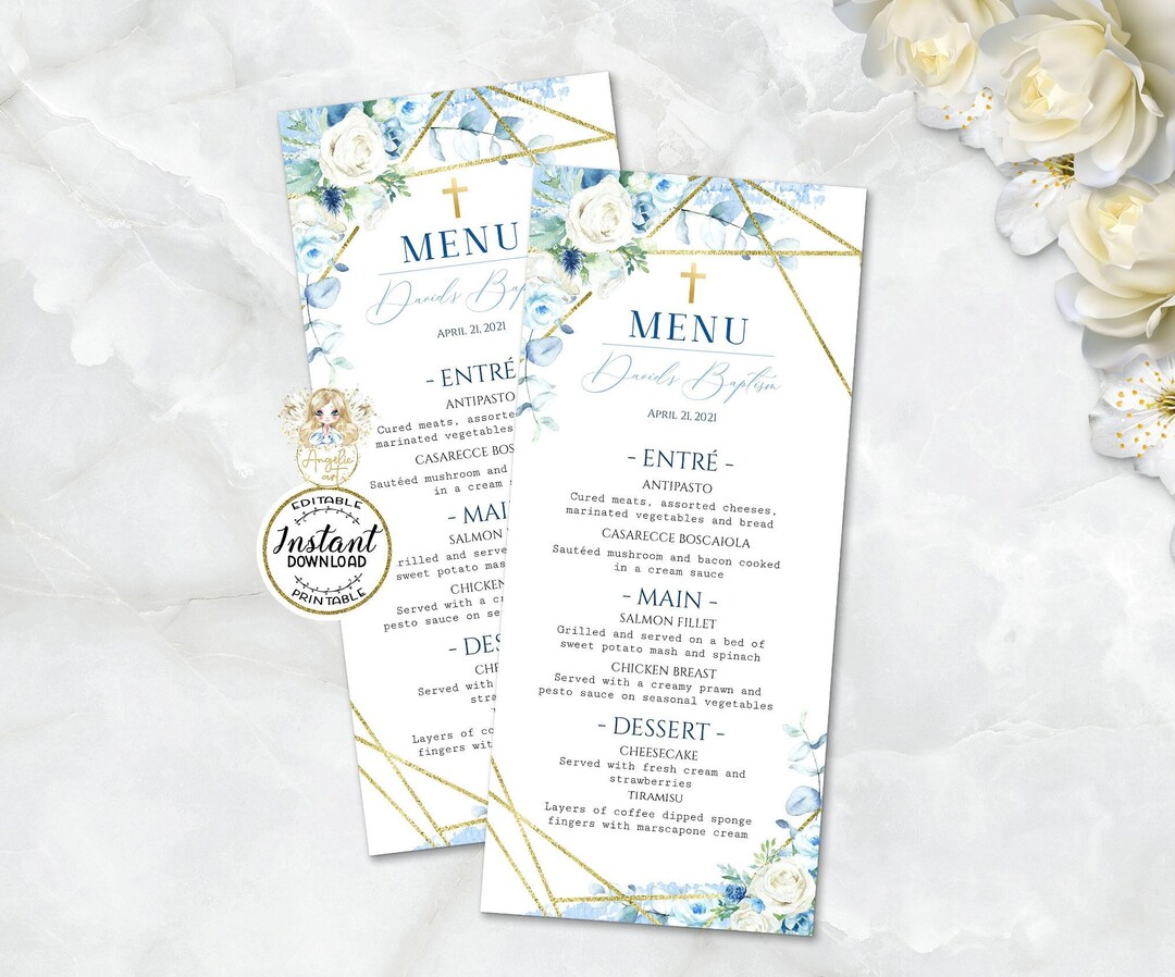 ST PAUL - Blue Gold Baptism Menu Template, Editable Baptism Menu ...
