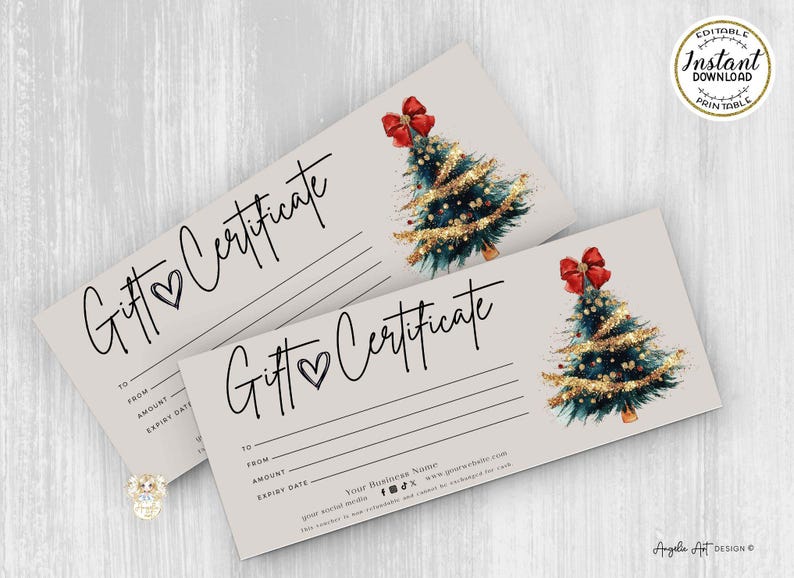 Christmas Tree Glitter Gift Certificate Template Editable Voucher Gift ...