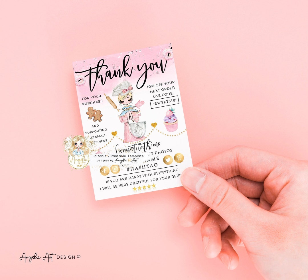 Editable Cute Baker Business Card Insert Pink Gold Bakery Shop Insert ...