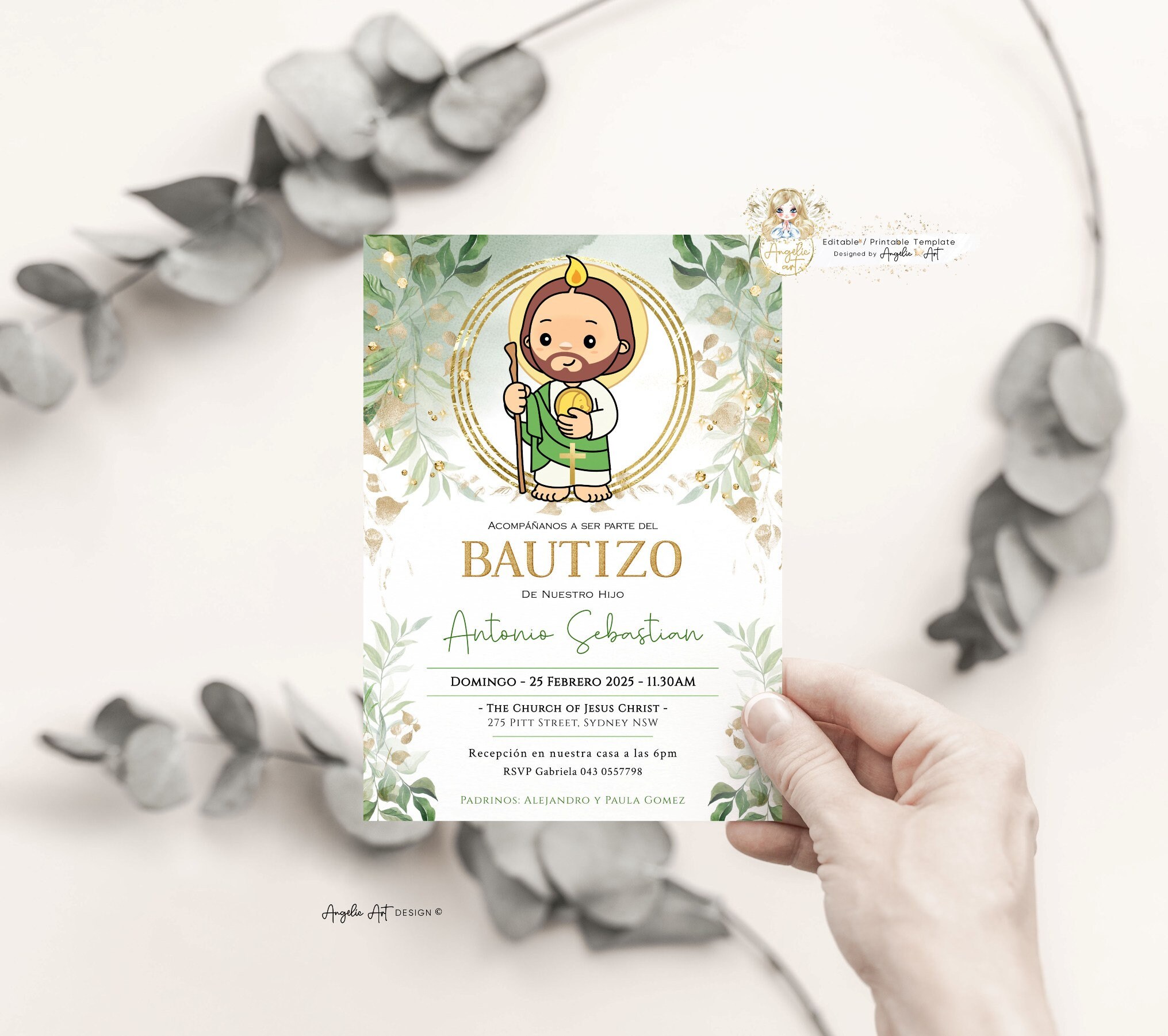 San Judas Invitación Bautizo Greenery Gold Invitacion Bautizo ...