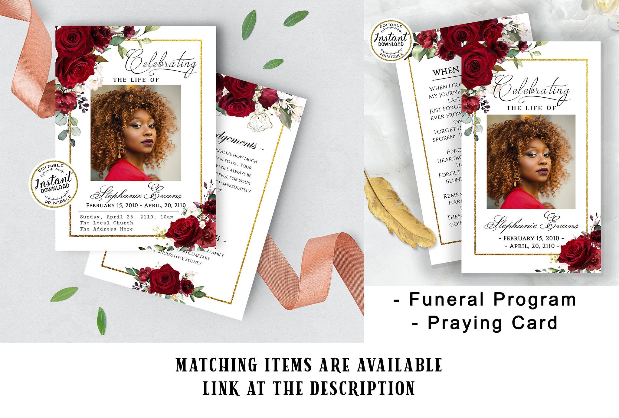 Editable Funeral Prayer Poem Card Template RED ROSES GOLD | Etsy