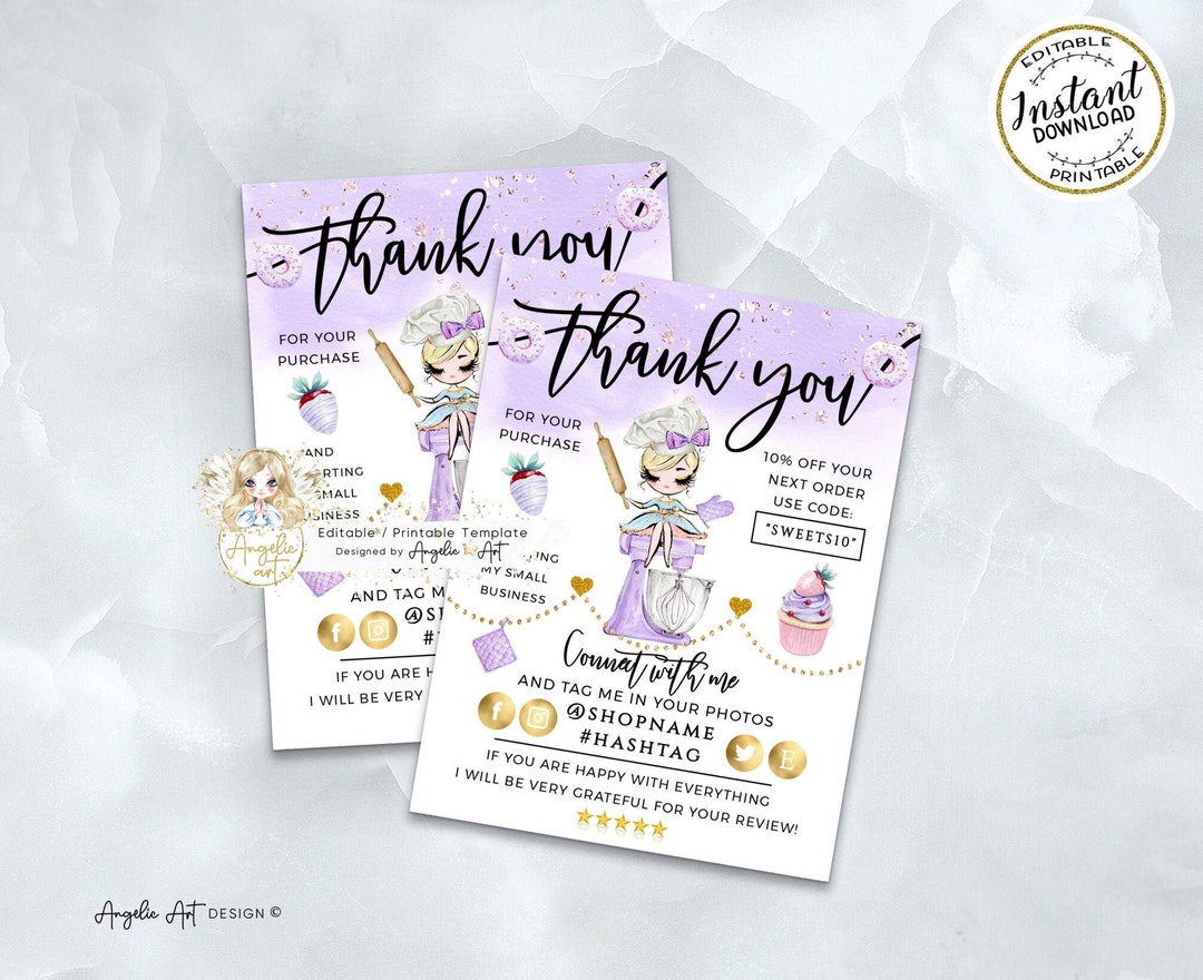 Editable Cute Baker Sweets Business Card Insert Purple Bakery Shop ...