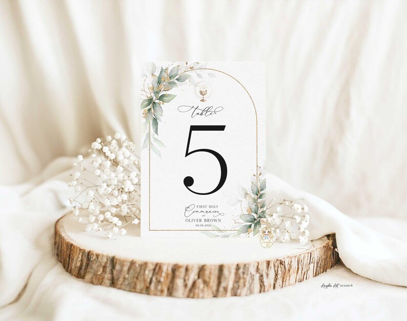 ROWAN - Floral First Holy Communion Table Numbers, Greenery Gold ...
