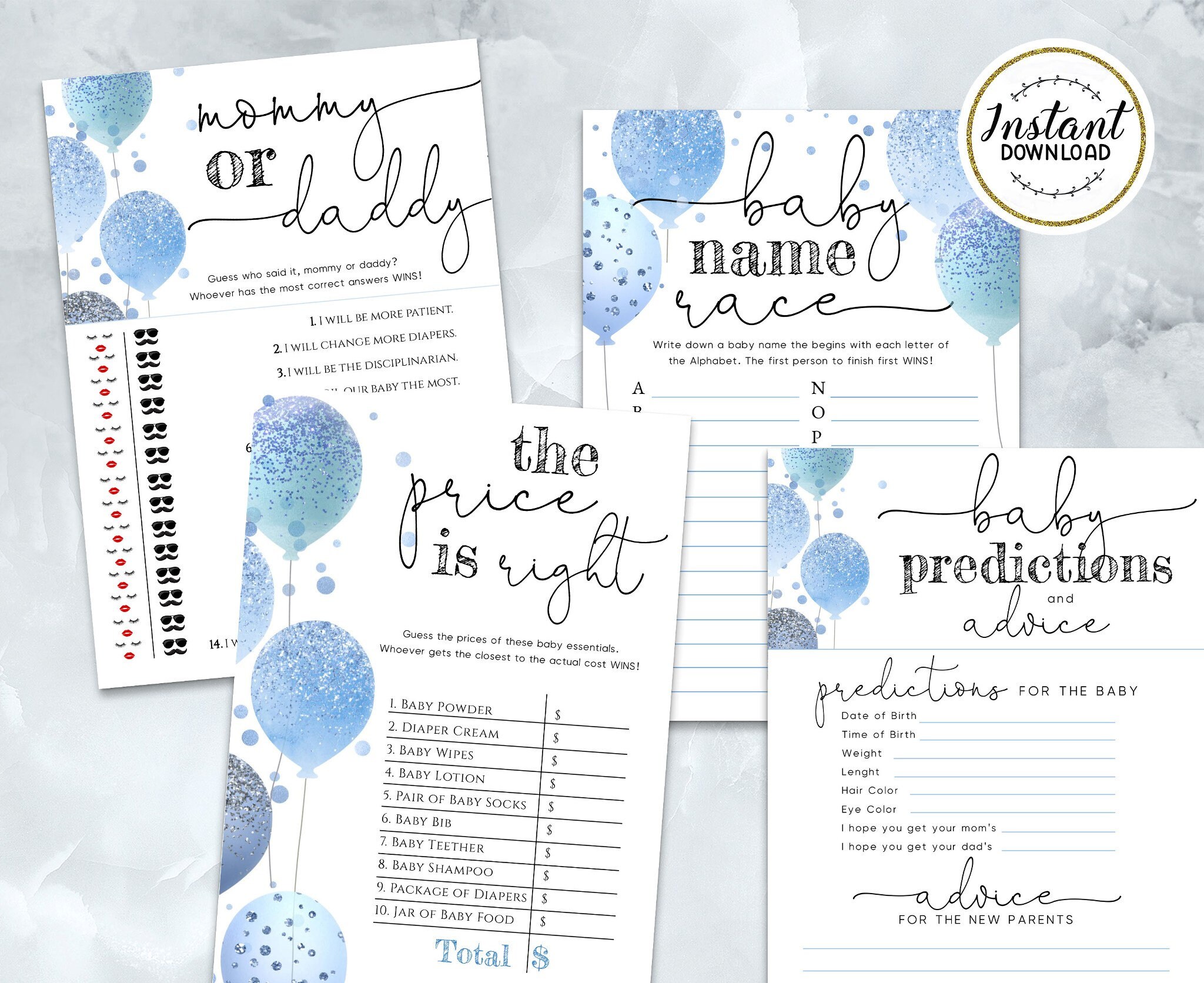 Blue Balloons Baby Shower Games Bundle Download Baby Boy - Etsy
