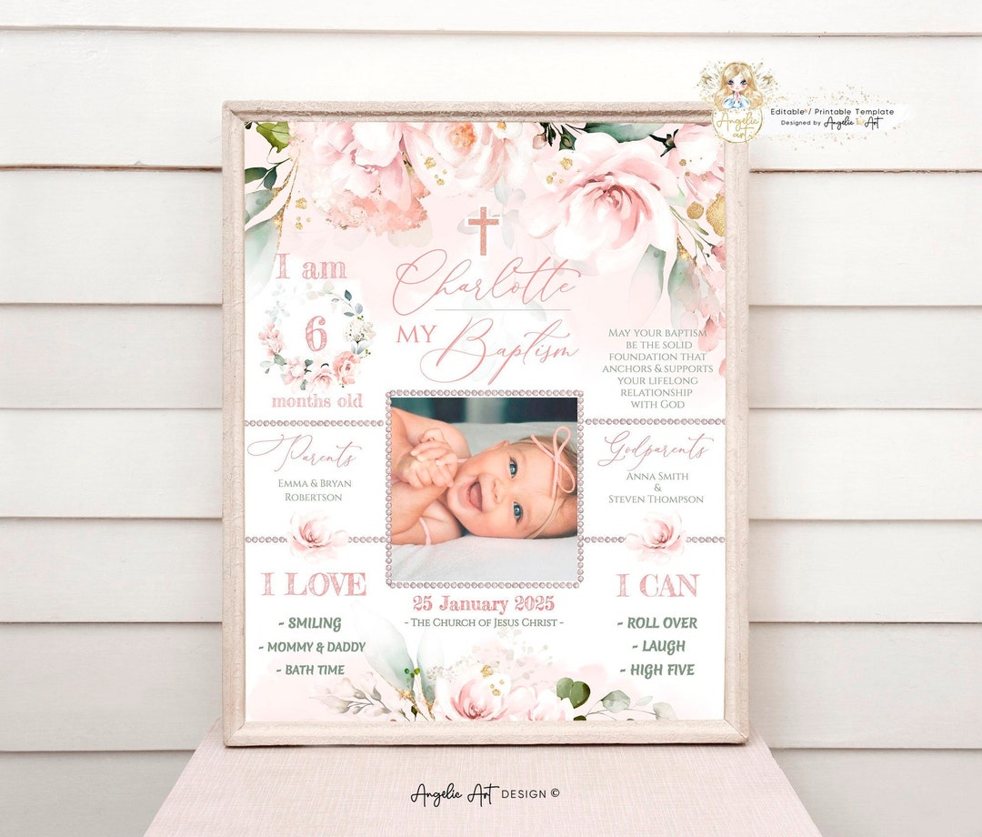 AVA - Floral Blush Pink Baptism Chalkboard Sign, Pink Gold Green ...