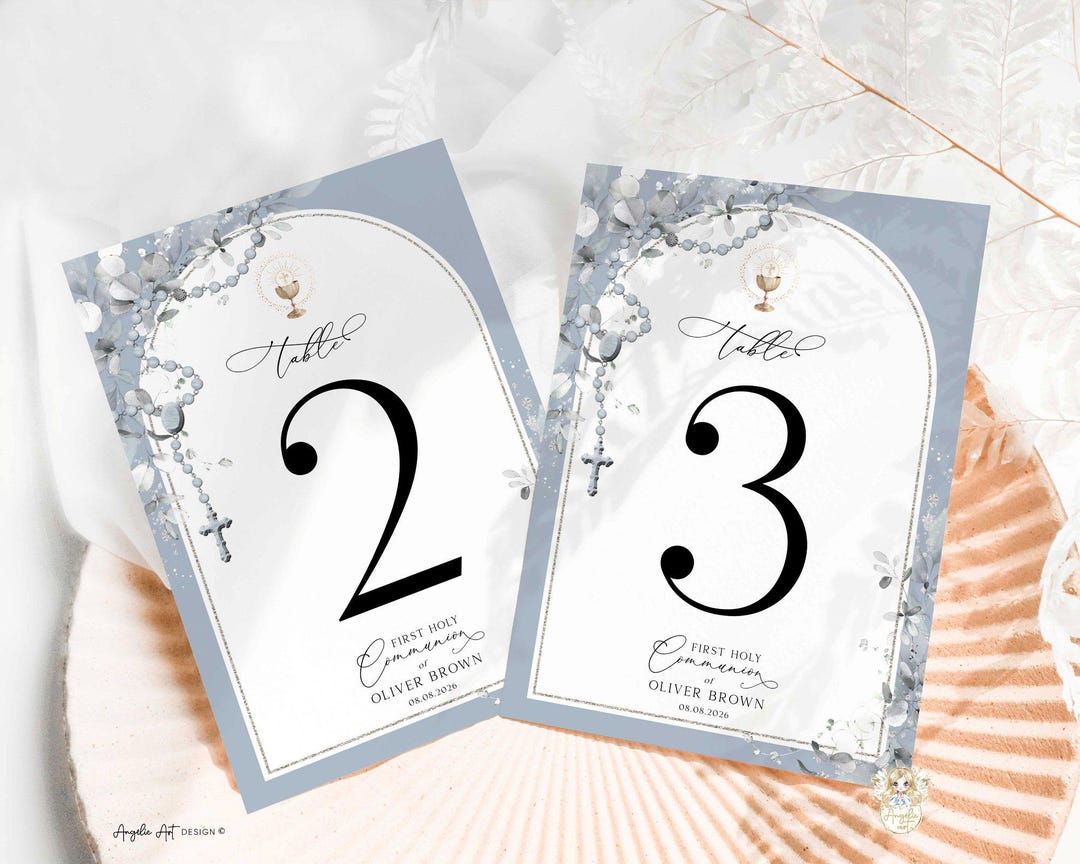 MATEO - Dusty Blue Silver First Holy Communion Table Numbers Template ...