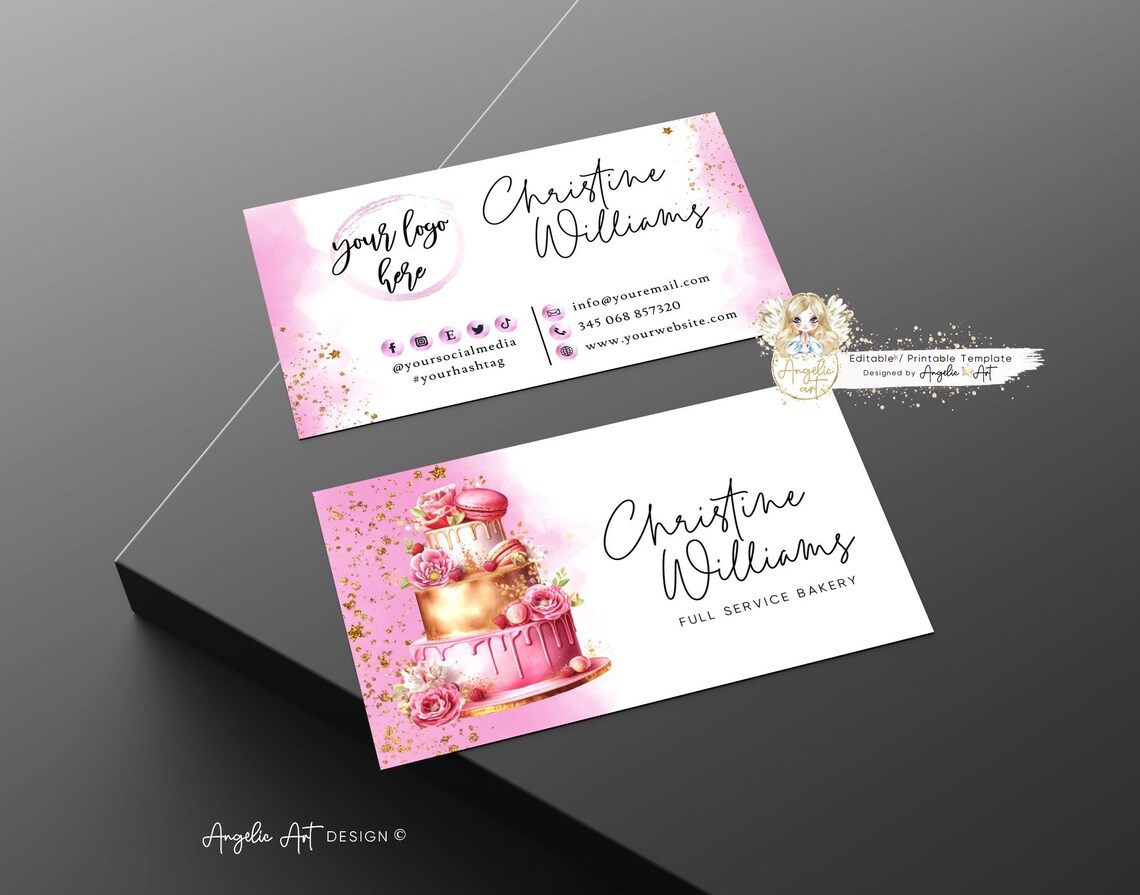 Editable Cake Bakery Business Card Template, Pink Gold Kitchen Pastry ...