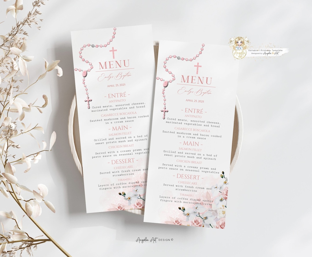 MIA - Blush Pink Floral Rosary Baptism Menu Template EDITABLE Printable ...
