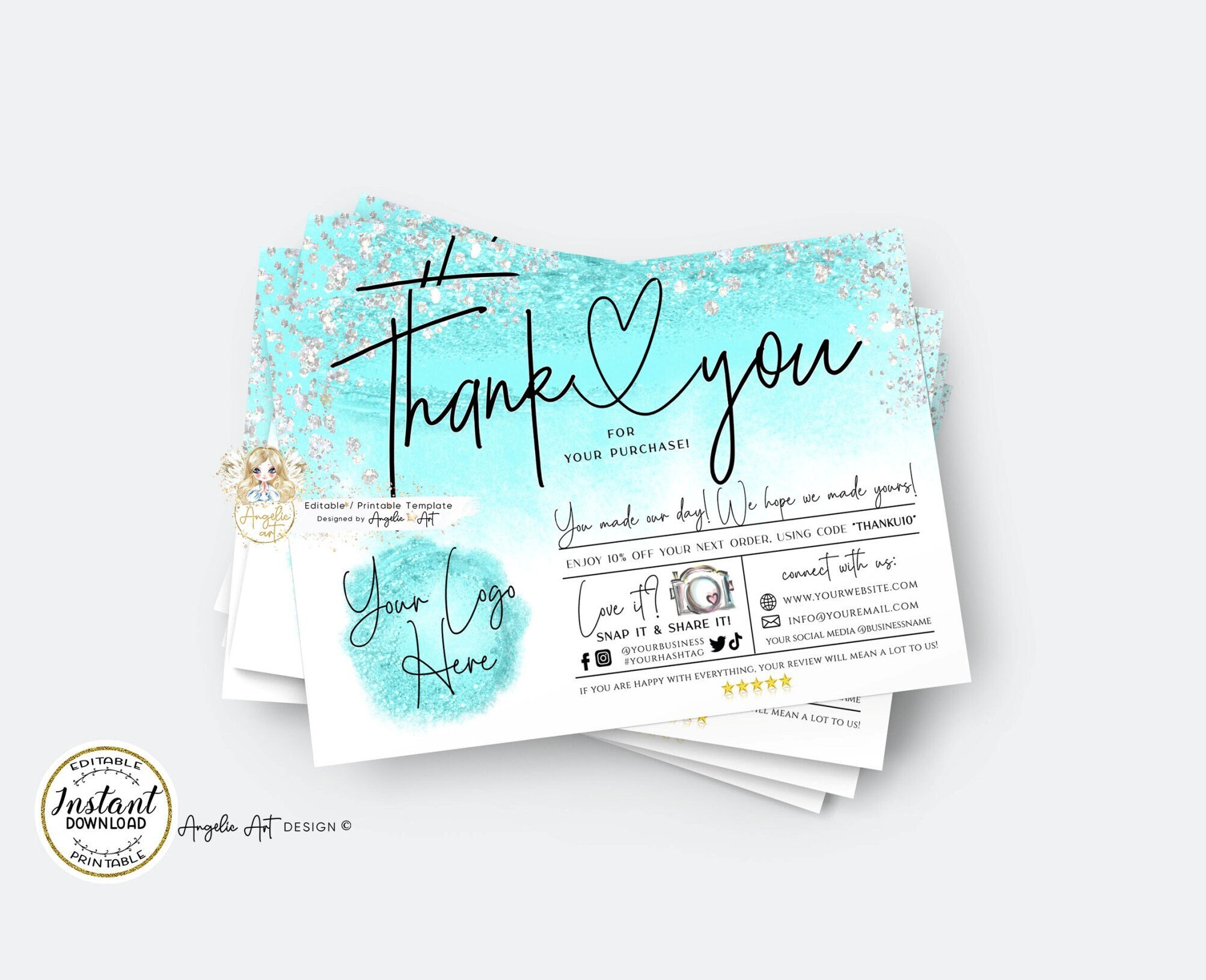 AQUA Business Insert Card Template Editable Aqua Silver - Etsy