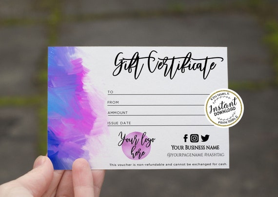 Gift Voucher Template Blue Pink Purple Gift Certificate | Etsy