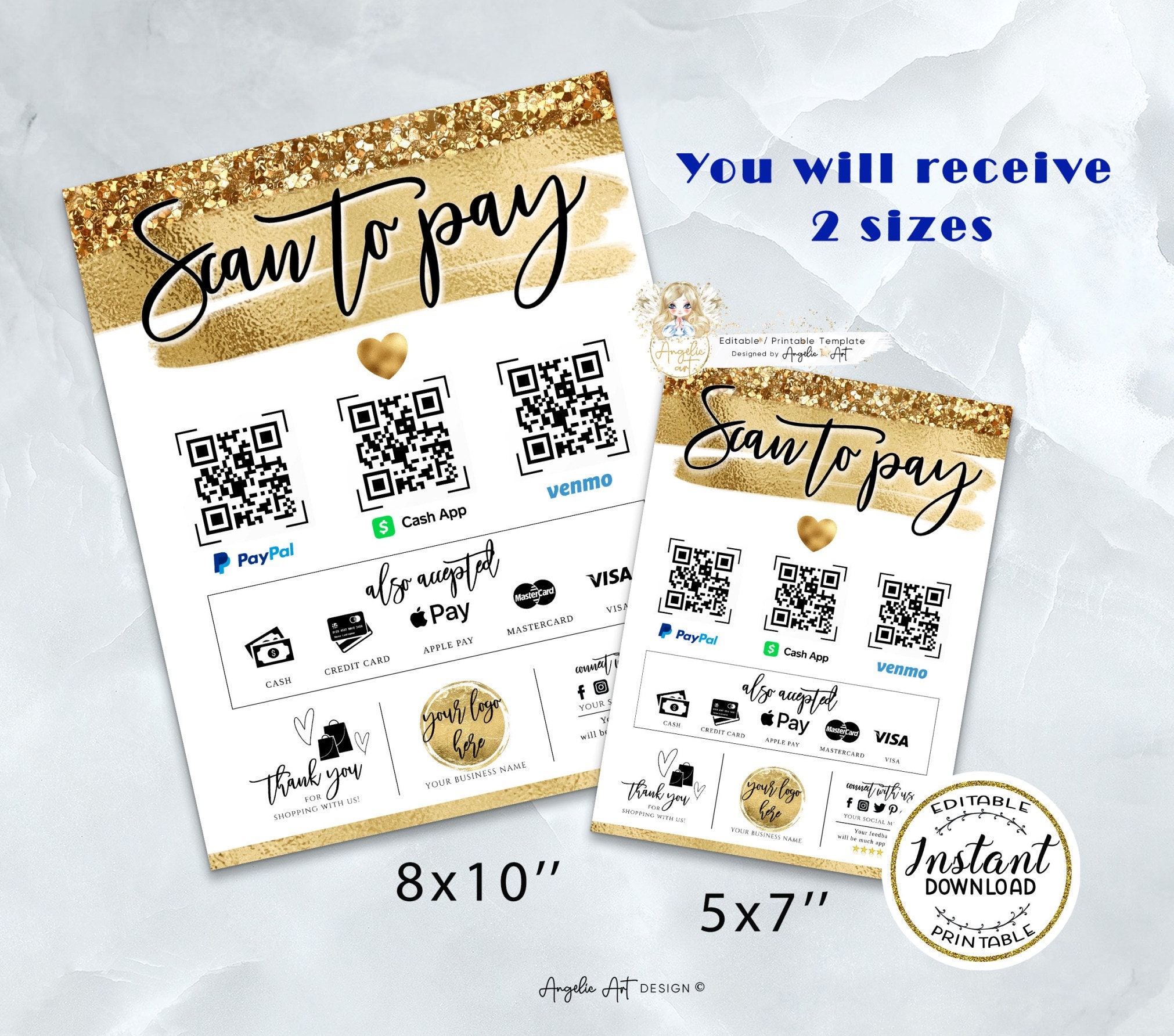 ORO - Modern Gold Scan to Pay Template, Gold Glitter Payment Sign, QR ...