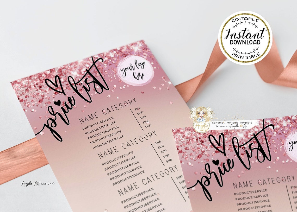 GLAM ROSEGOLD Glitter Glam Price List Template Editable - Etsy