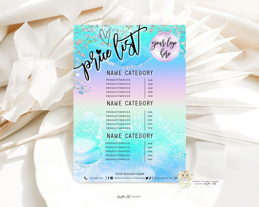 UNICORN Editable Price List Template Printable Holographic Glitter ...