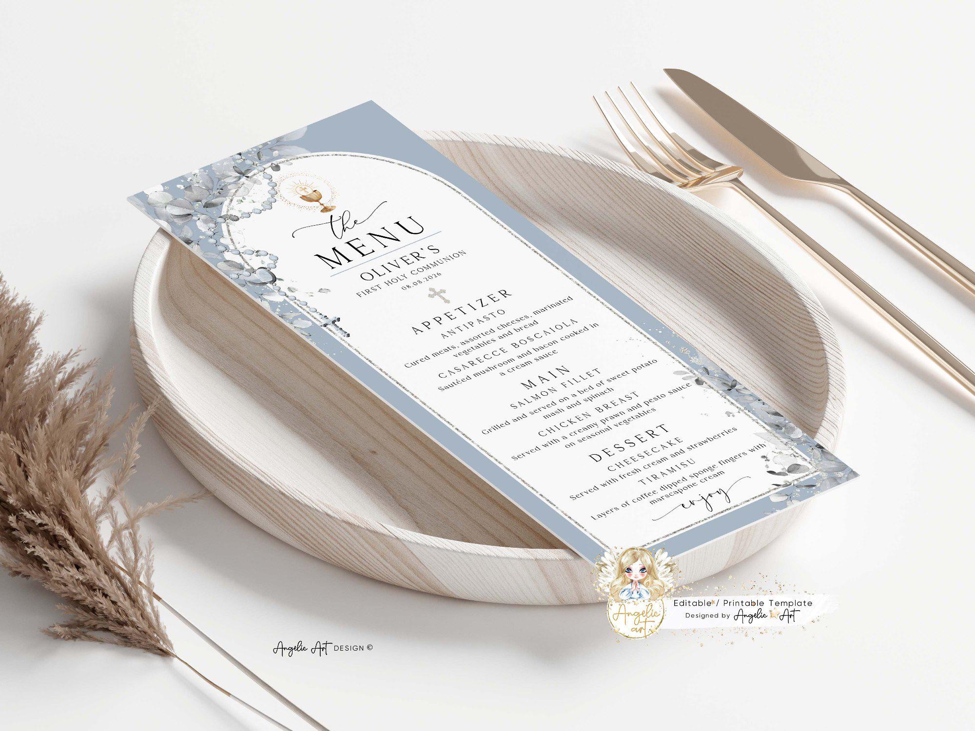MATEO - Editable DUSTY Blue Silver First Holy Communion Menu Template ...