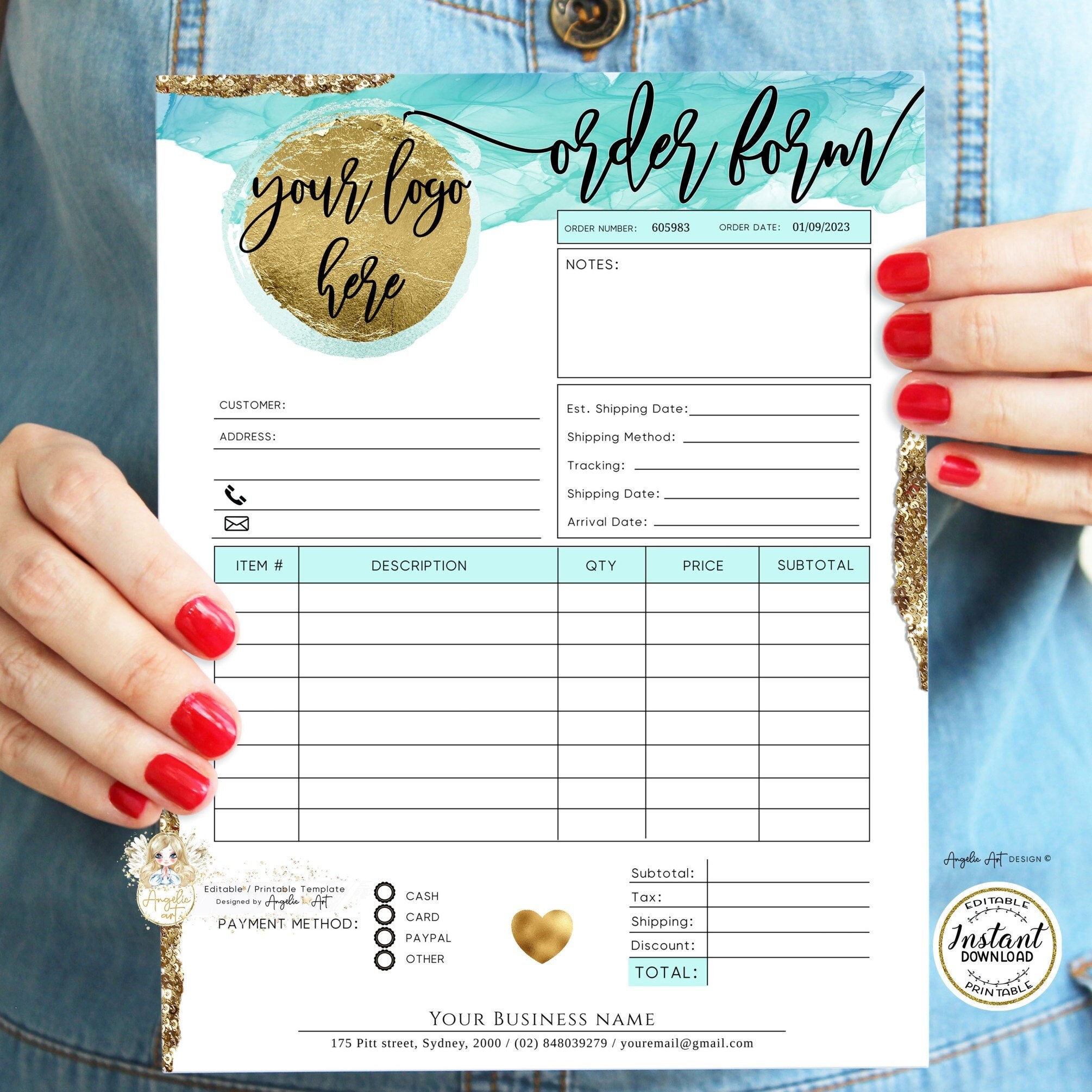 NYMPH ORDER Form Template Teal Gold Printable Invoice Form - Etsy