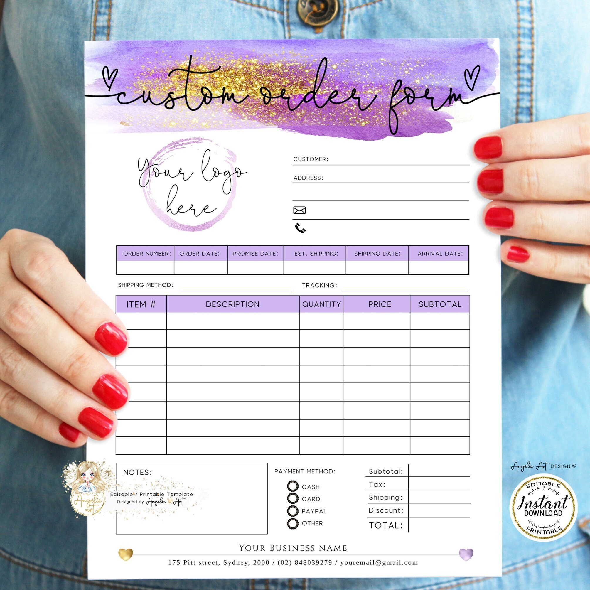 PURPLE GOLD Custom Order Form Template EDITABLE Modern - Etsy
