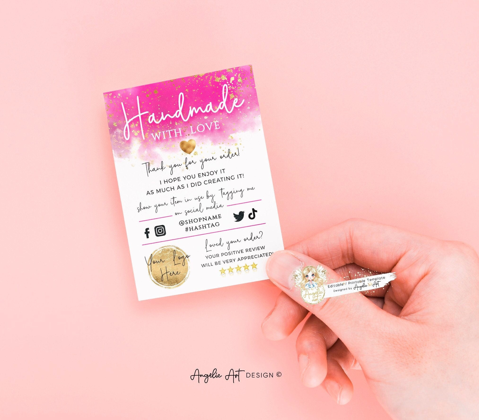 JOY Hot Pink Gold Glitter Handmade Business Insert Card - Etsy