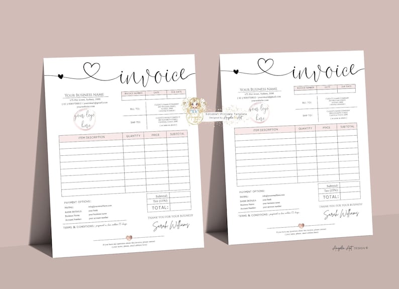 Modern Editable Printable Blush INVOICE Form Template, Billing Form - Etsy