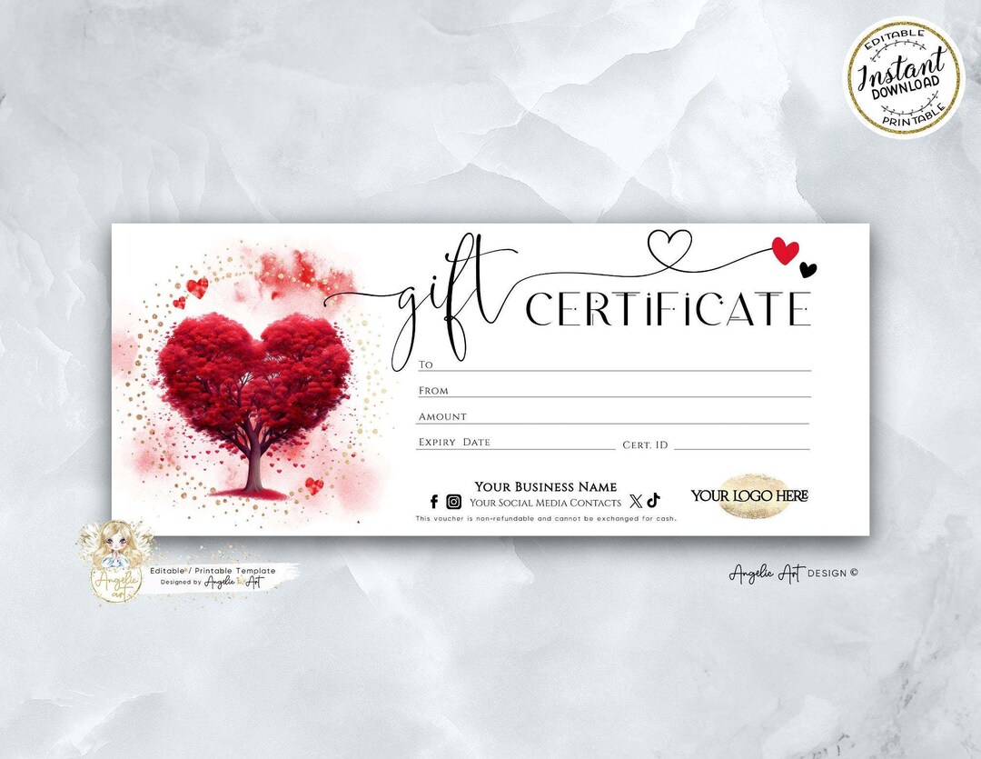 Red Tree Heart Gift Certificate Template Valentine Gift Voucher ...