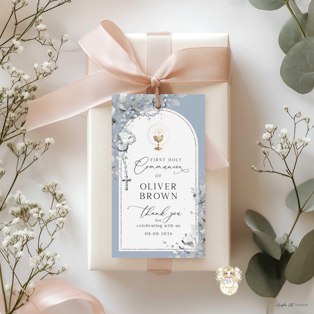 MATEO - Editable DUSTY Blue Silver First Holy Communion Favor Tag ...