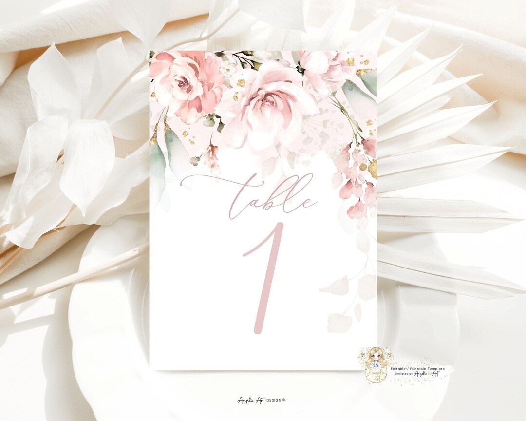 AVA - Blush Pink Floral Table Numbers Template, Greenery Pink Gold ...