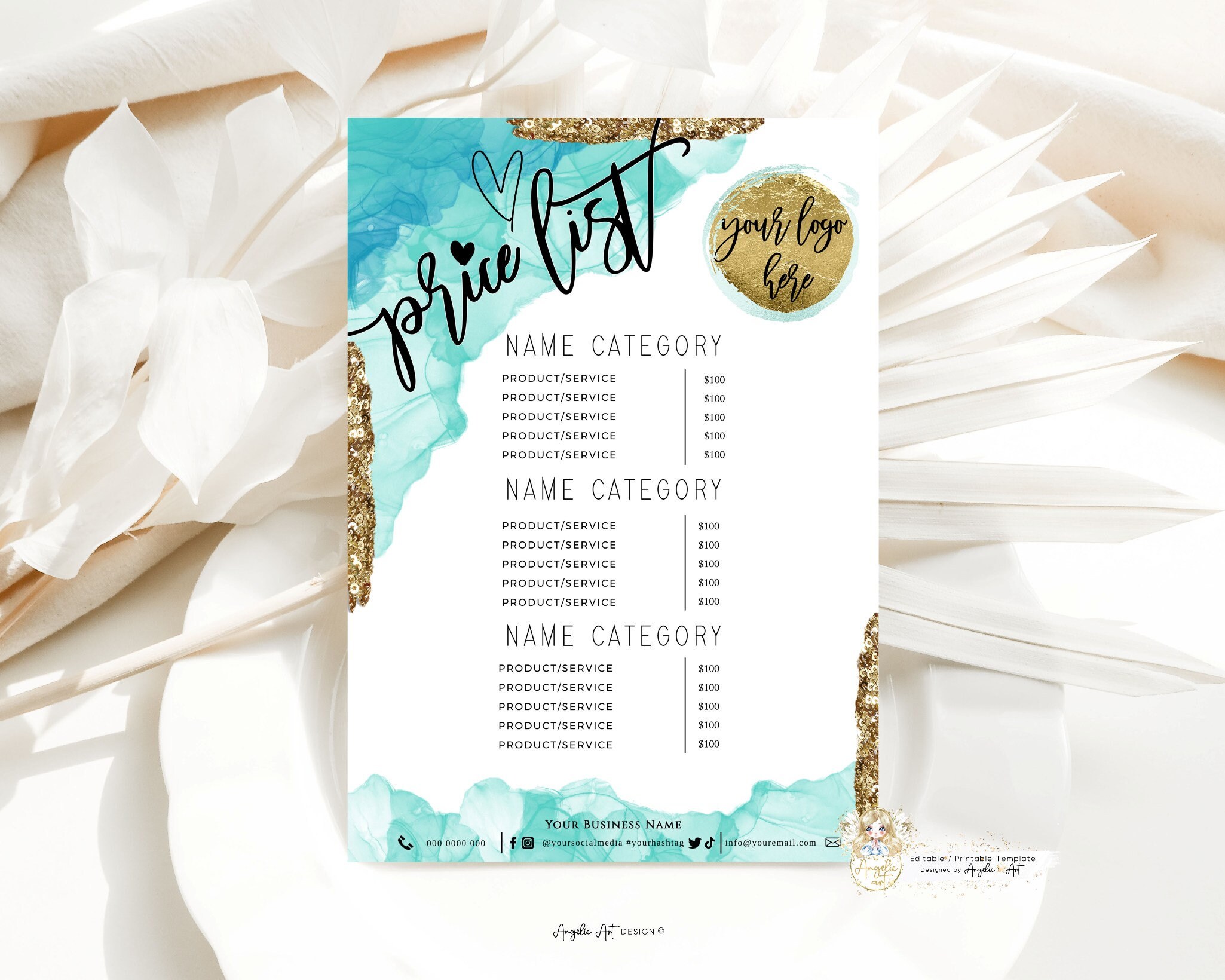 NYMPH - Editable Teal Gold Price List Template, Printable Aqua Teal ...