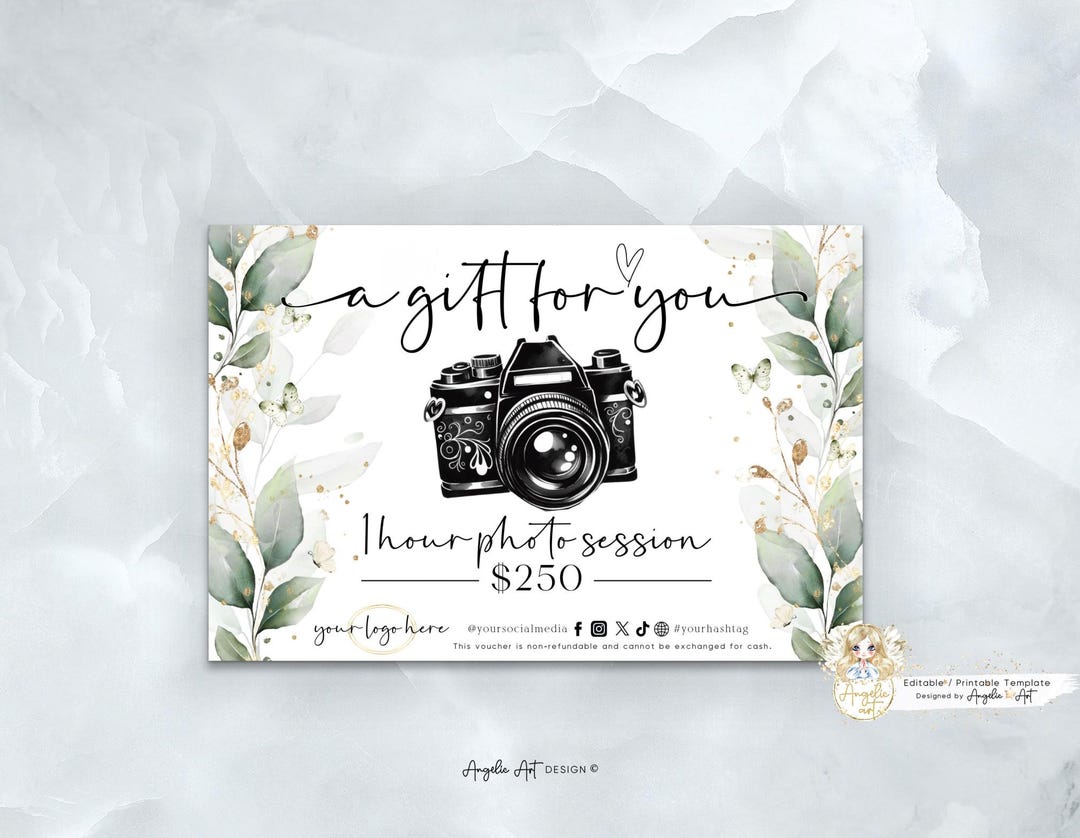 Photography Gift Certificate Template, Greenery Gold Photography Gift ...