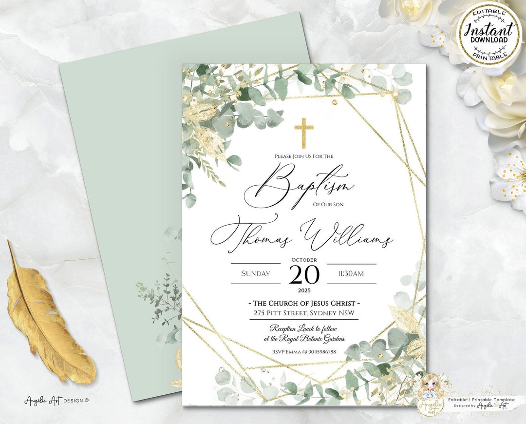 LEVI - Greenery Gold Baptism Invitation Template Boy Girl Baptism ...