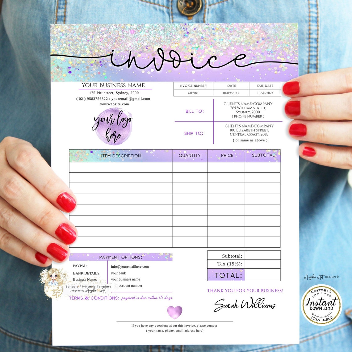 ELF - Holographic Invoice Template, EDITABLE Printable Invoice Form ...