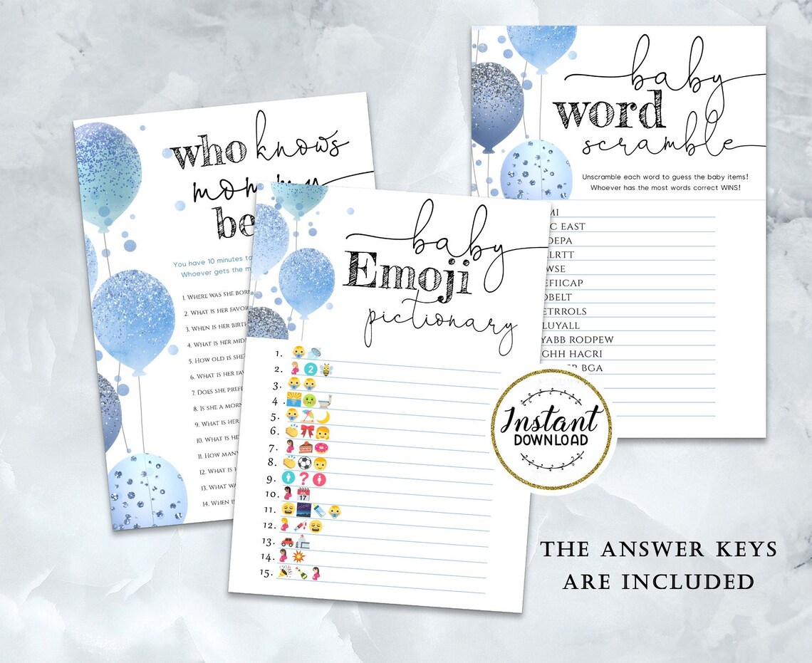 Blue Balloons Baby Shower Games Bundle Download Baby Boy - Etsy